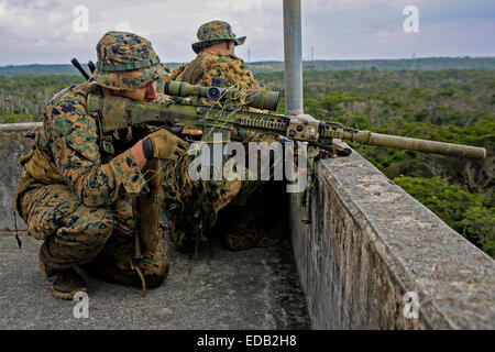 A US Marine Corps scout sniper with 1st Marine Division prepares an M40A2 rifle during a ...