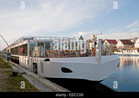 The Regensburg river cruise boat moored on the Danube River at ...