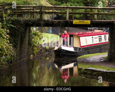 narrow boat goes under a bridge at Llanfoist Wharf,on the Monmouthsire ...