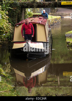 narrow boat goes under a bridge at Llanfoist Wharf,on the Monmouthsire ...
