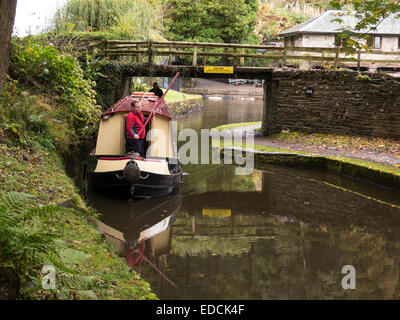 narrow boat goes under a bridge at Llanfoist Wharf,on the Monmouthsire ...