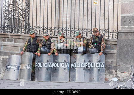 Peruvian riot police wearing camouflage uniform with shields and ...