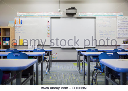 Empty classroom with chairs elementary school desks and chalkboard ...