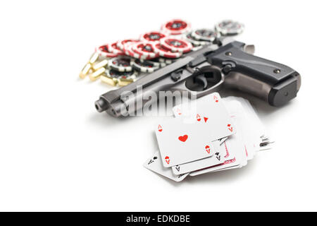 handgun and poker cards on white background Stock Photo - Alamy