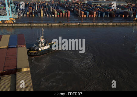 A tug pulling the Panama-registered container ship MSC Sandra, at the ...