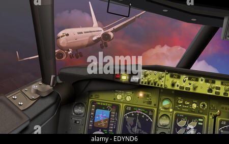 Cockpit, passenger plane on a collision course, mayday, illustration ...