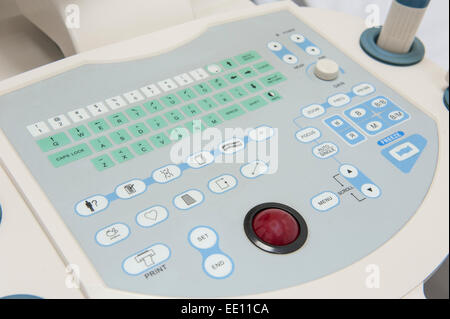 Closeup detail of an ultrasound scanner machine control keypad in ...