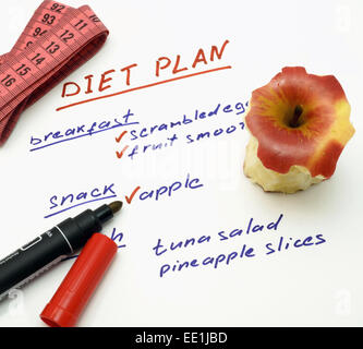 Diet plan concept. Measuring tape and diet plan on wooden background ...