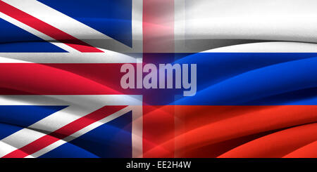 Great Britain vs Russia confrontation, fists on flag background ...
