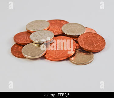A pile of British coins including 1 pence, 2 pence, 5 pence, 10 pence ...
