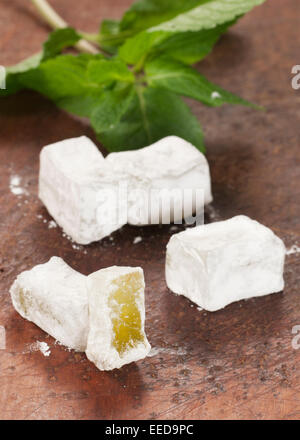 Lukum (Turkish Delight) with mint, macro shot Stock Photo - Alamy