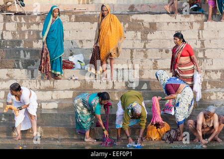 Varanasi, India. Hindus bathing and praying in the Ganges river Stock ...