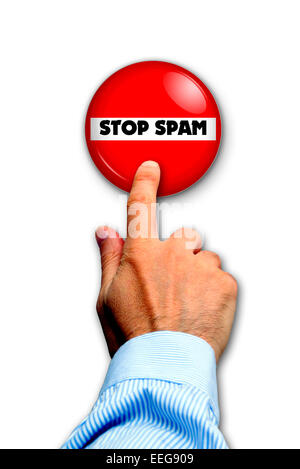 finger pushing a STOP SPAM button Stock Photo - Alamy