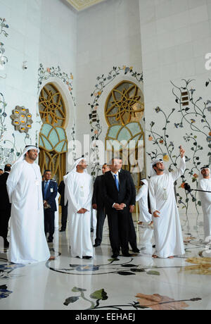 ABU DHABI, UAE - JAN 18, 2017: Garden and Sheikh Zayed Mosque is one of ...