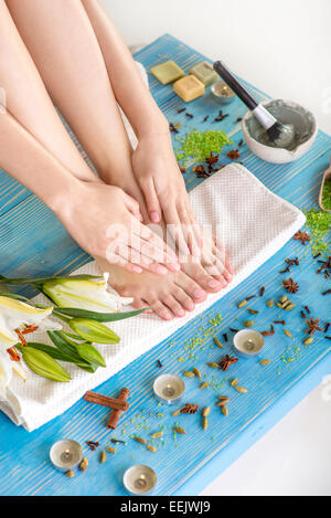 Woman with beautiful pedicure and towel in salon, closeup Stock Photo ...