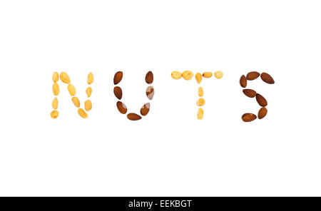 The word 'Nuts' written with mixed nuts on an isolated white background ...