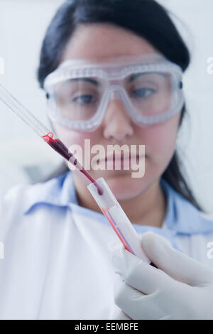 Laboratory testing. Scientist dripping sample into Petri dish at white ...