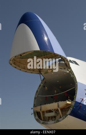 nose cargo loading door of a Boeing 747-200F opening at dawn Stock ...