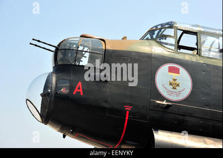 The gun turret and cockpit of an airworthy Avro Lancaster bomber in ...