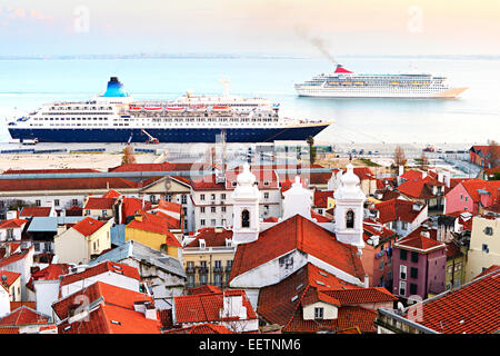 Cruise ships in Lisbon harbor at sunset. Portugal Stock Photo - Alamy