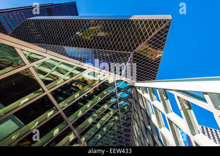 Glass and steel structure of Seattle Central Library with sloped glass ...