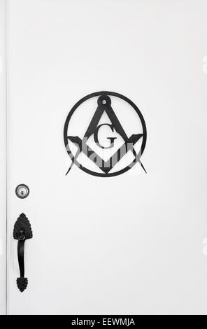 Masonic symbol on door of Lodge in Langport, Somerset, England Stock ...