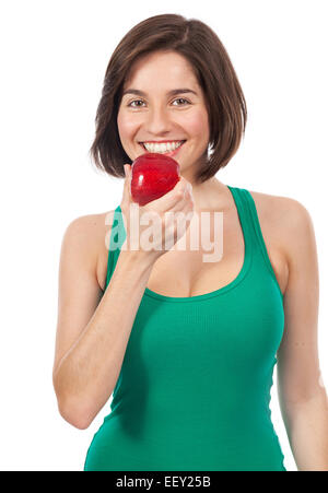 woman eat red apple on white background Stock Photo - Alamy