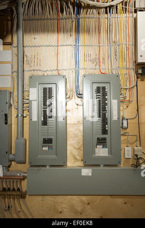 Fuse box, control panel with many various wires and fuses, electrical ...