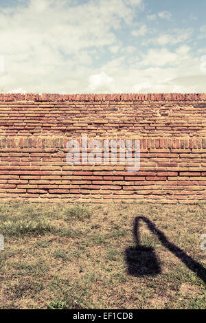 Red brick wall, meadow and shadow of a street light Stock Photo - Alamy