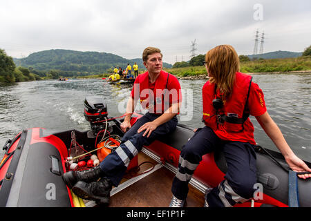 River patrol boat on river Ruhr, by DLRG volunteers, German life saving ...