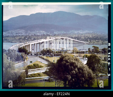 A 1975 view of the Tasman Bridge in Hobart, Tasmania, showing the ...