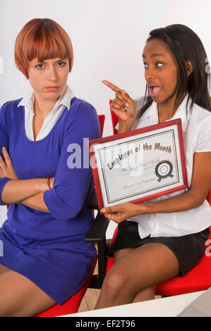 Gloating. Young african-american woman with funny, unusual popular ...