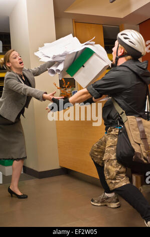 Young woman trying to catch falling asian food boxes Stock Photo - Alamy