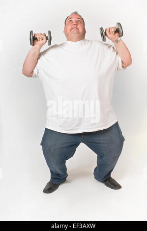 One overweight man lifting weight outside. A determined of fat person ...