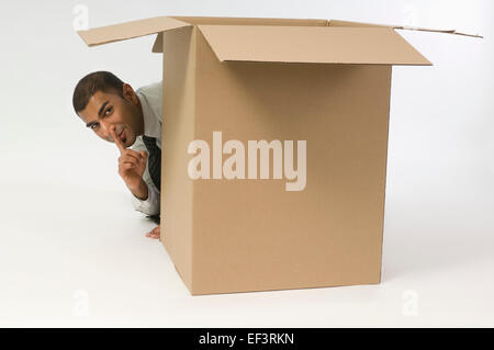 Businessman hiding behind box Stock Photo - Alamy