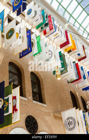 All American flags hanging in the Hall of Flags in Terminal 3 at ...