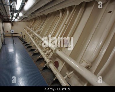 An interior view of the SS Rotterdam, a historic ocean liner. The image ...
