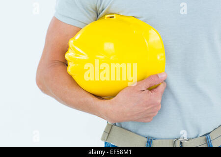 Technician holding white hat safety hard hat sunlight background Stock ...