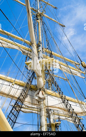 Nautical tackles and equipment of the old tall ship. Rigging ropes and ...