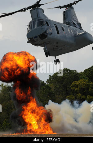 A CH-46 Sea Knight helicopter prepares for lift-off aboard the ...