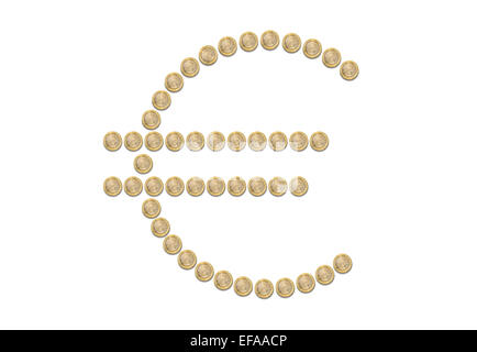 Group of one Euro coins, formed as Euro symbol on faded Euro money ...