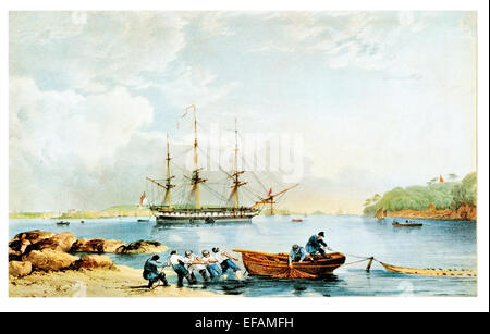 A late Victorian era sailor in the British Royal Navy lowers the ensign ...