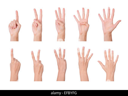 Hand signs. four. Male hand with four fingers directed upward isolated on white background Stock ...