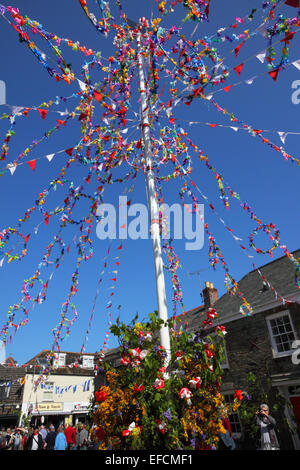 The maypole decorated for obby oss day in Padstow, Cornwall, UK Stock ...