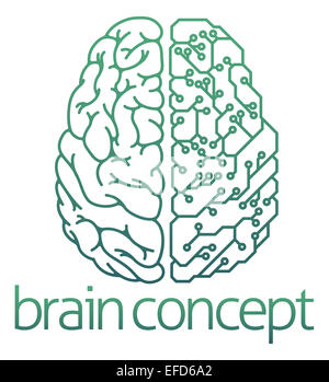 artificial intelligence concept with half circuit human brain and half holographic neon glow ...