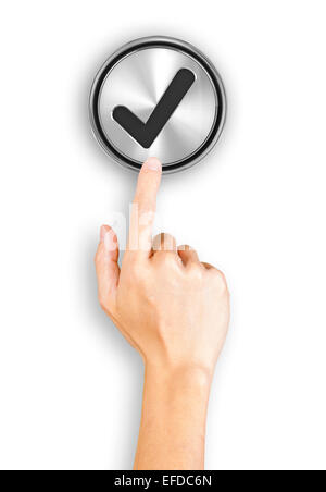 Tick with hand icon. Internet button on white background Stock Photo ...