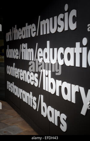 A sign for the Barbican Centre arts venue stands on the Lakeside ...