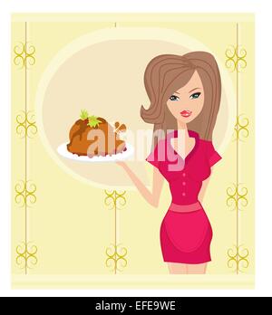 A beautiful woman waitress enjoys chicken on a tray Stock Vector Image ...