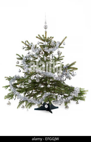 Christmas tree background decorated with balls, stars and lights Stock ...