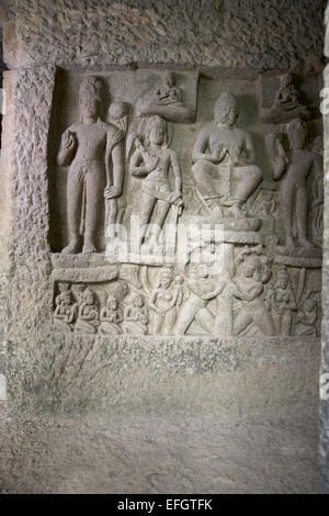 Cave 90 Miracle of Sravasti panel on the left wall. Kanheri Caves ...